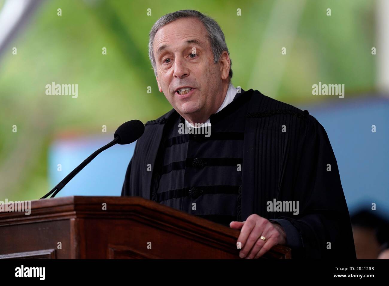 President of Harvard University Lawrence Bacow addresses an audience ...