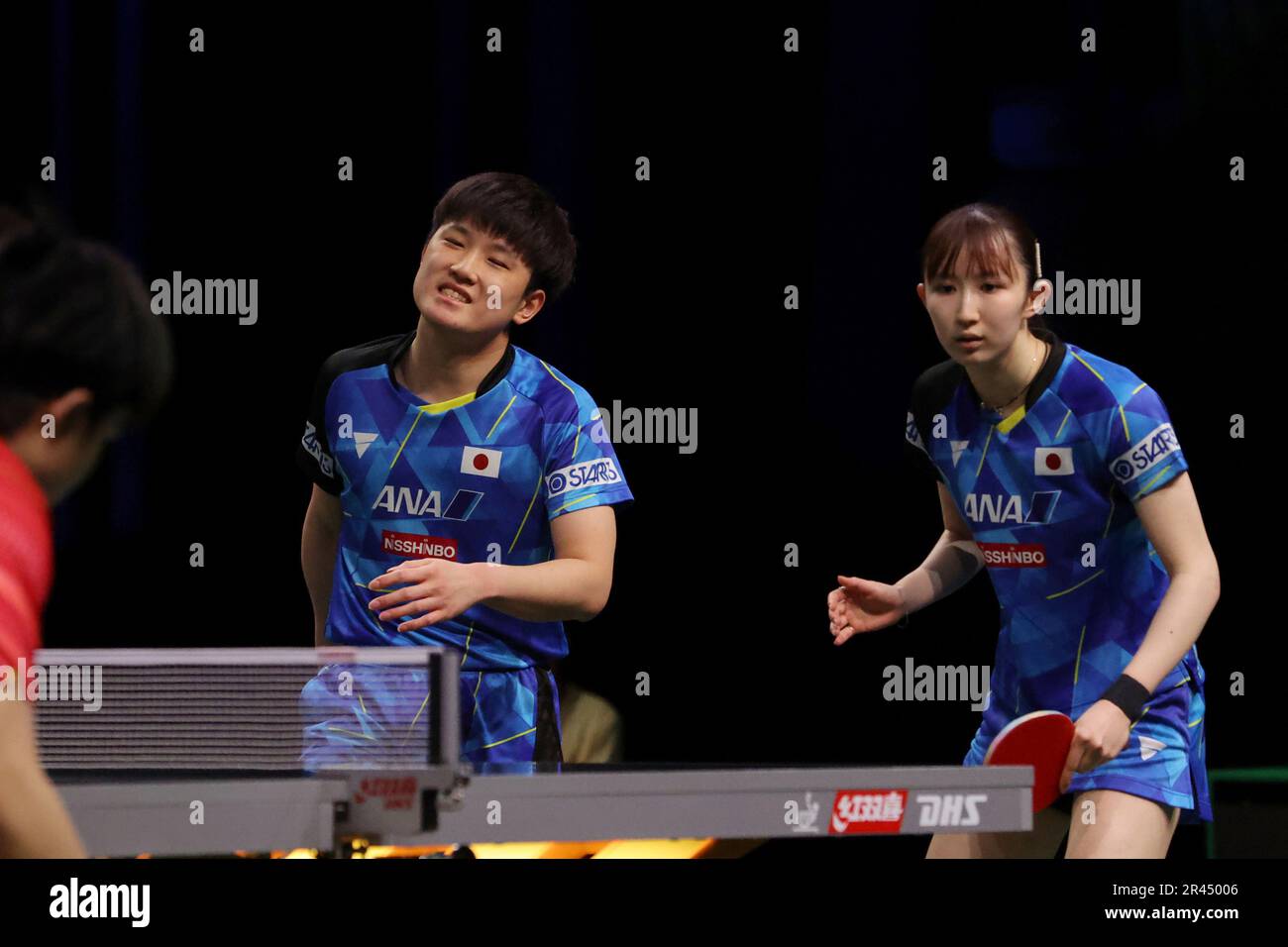 Tomokazu Harimoto and Hina Hayata of Japan take part in mixed doubles ...