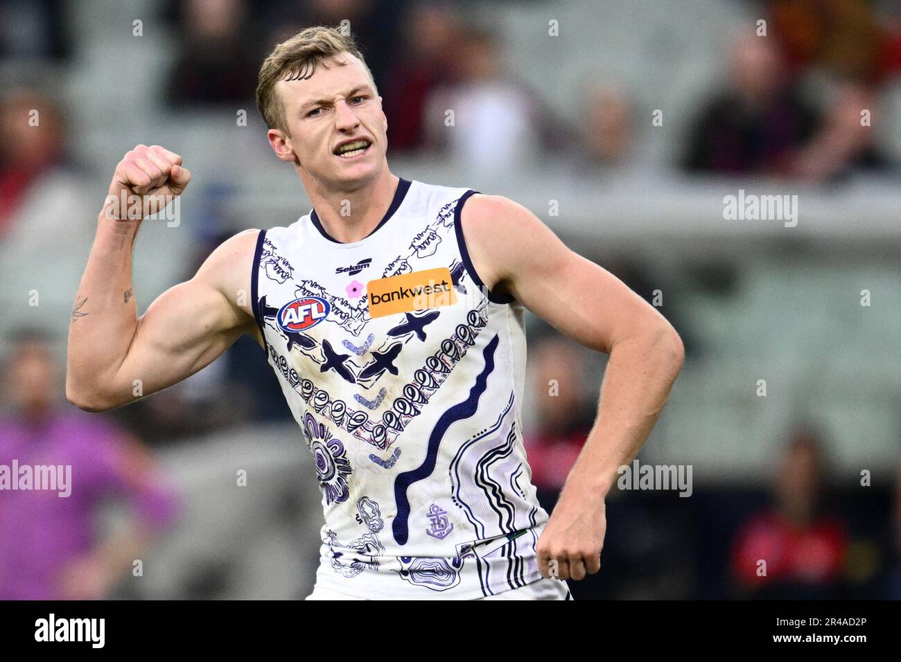Melbourne, Australien. 27. Mai 2023. Josh Treacy of the Dockers feiert ...