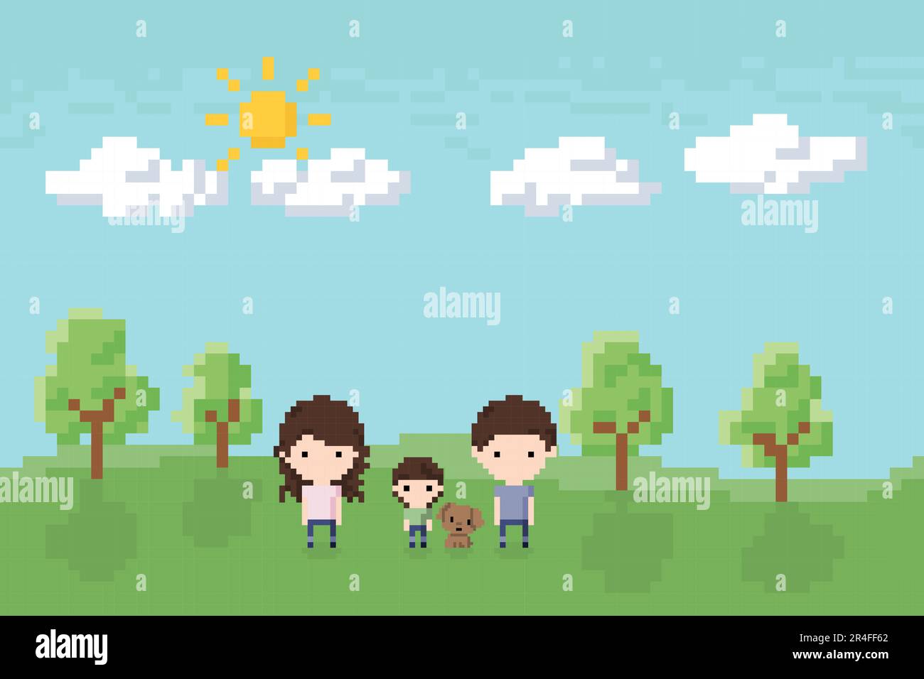Familie, Vater, Mutter und Sohn mit einem Hund im Park, Pixel 8-Bit-Stil Stock-Vektorgrafik - Alamy