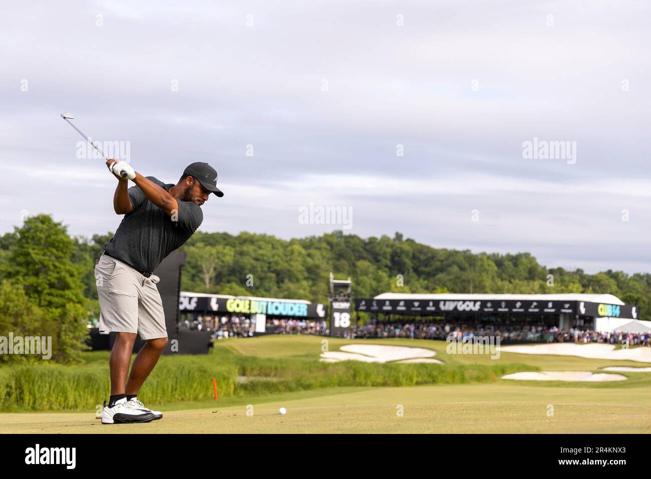 Harold Varner III, of RangeGoats GC, hits from the 18th tee during the ...