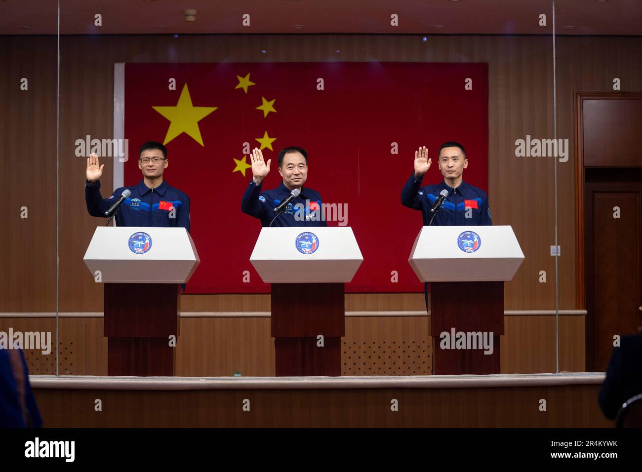 Chinese astronauts for the upcoming Shenzhou-16 mission, from left, Gui ...