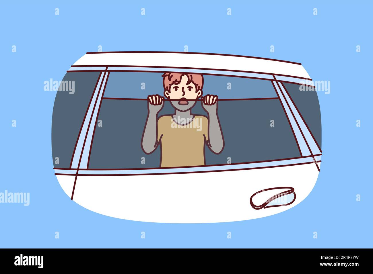 Der kleine Junge, der im Auto eingesperrt ist, versucht auszusteigen ...