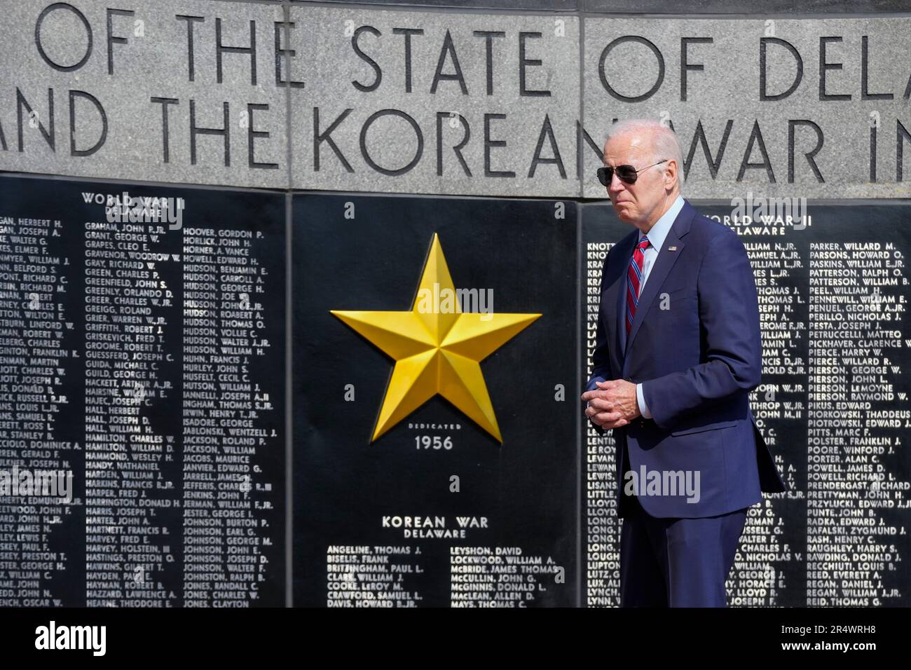 President Joe Biden departs after placing flowers at Veterans Memorial Park at the Delaware ...