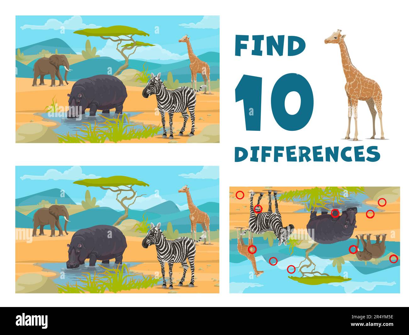 Finde zehn Unterschiede. Afrikanische Savannah-Cartoon-Tiere. Kinder ...