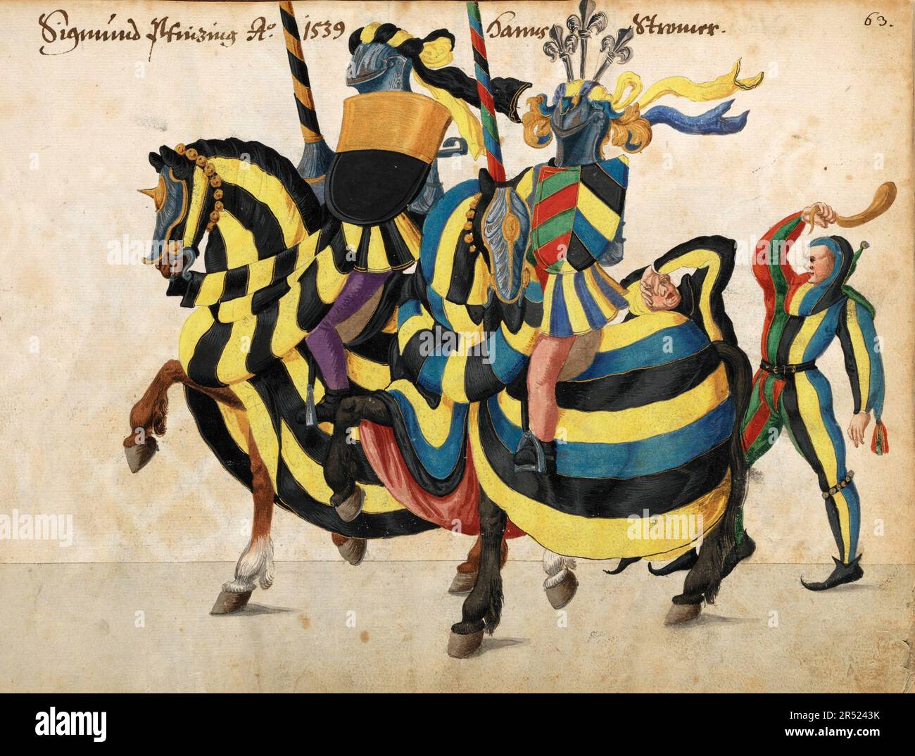 Ritter zu Pferd in Schmuckrüstung bei einem Ritterturnier, Album der Turniere und Paraden in ...