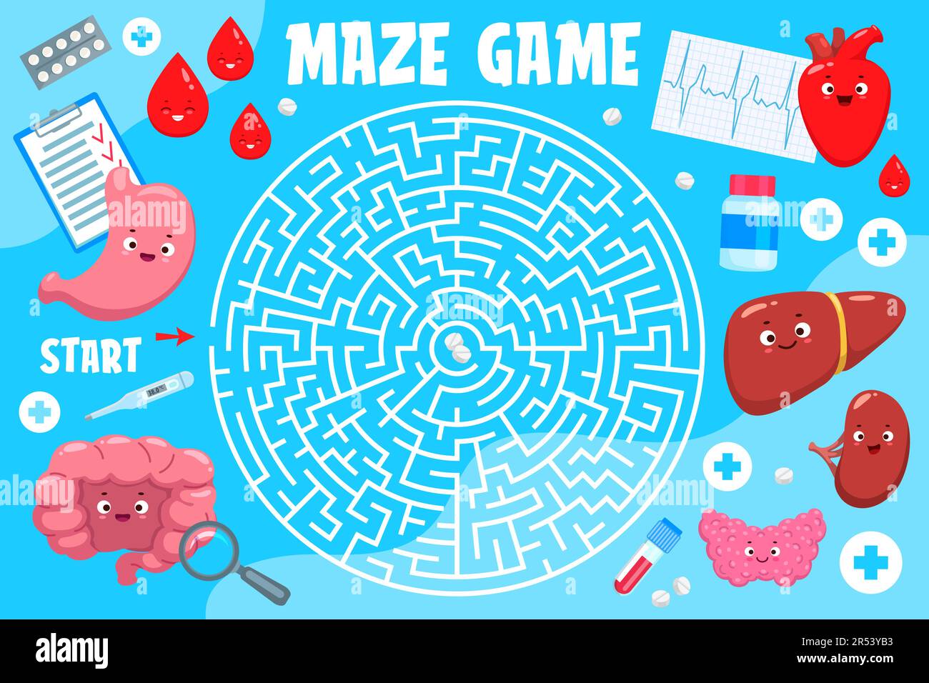 Labyrinth-Labyrinth-Spiel mit Cartoon-Körperorganfiguren, Vektor ...