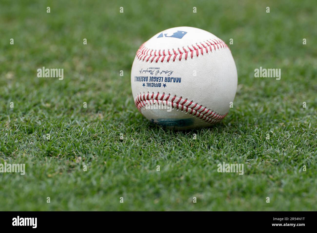 Detailed view of a Rawlings Major League Baseball on the field during ...