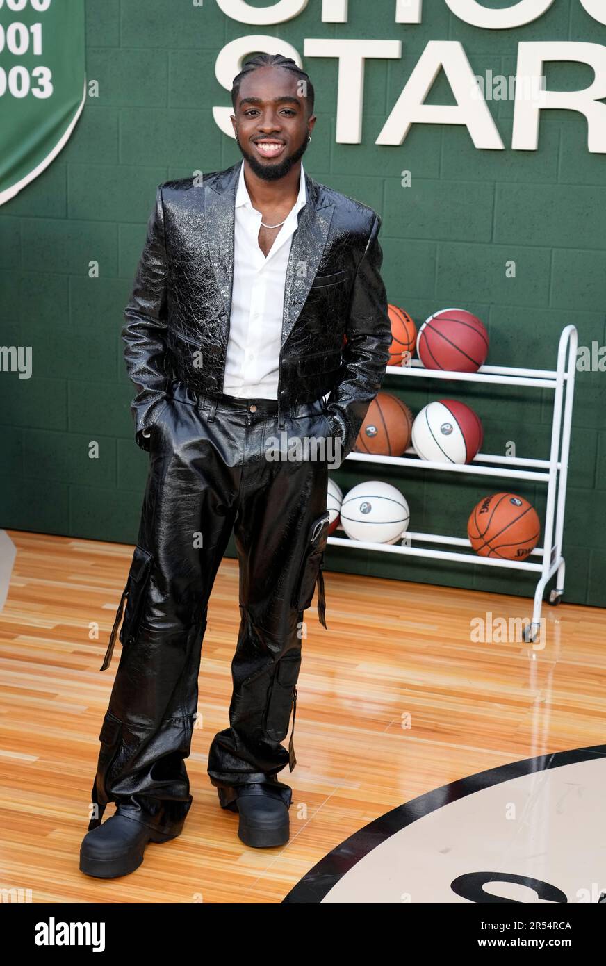 Caleb McLaughlin, a cast member in "Shooting Stars," poses at the premiere of the Peacock film ...