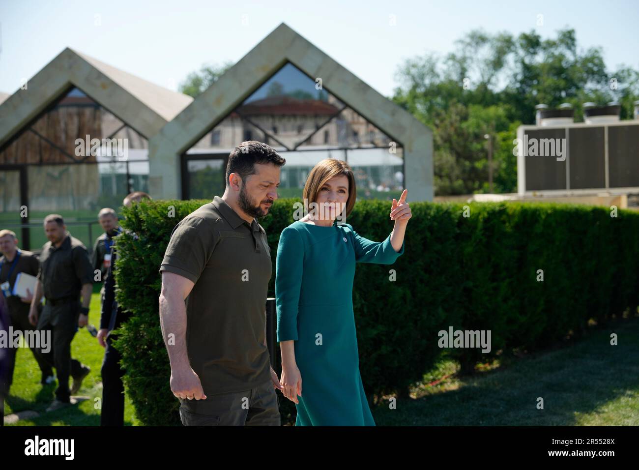 Moldova's President Maia Sandu, right, speaks with Ukraine's President ...