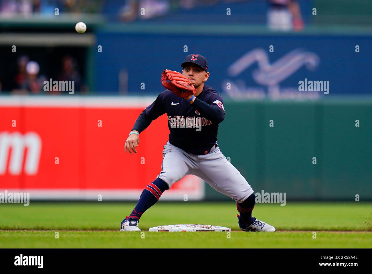 Cleveland Guardians second baseman Andres Gimenez prepares to catch a ...