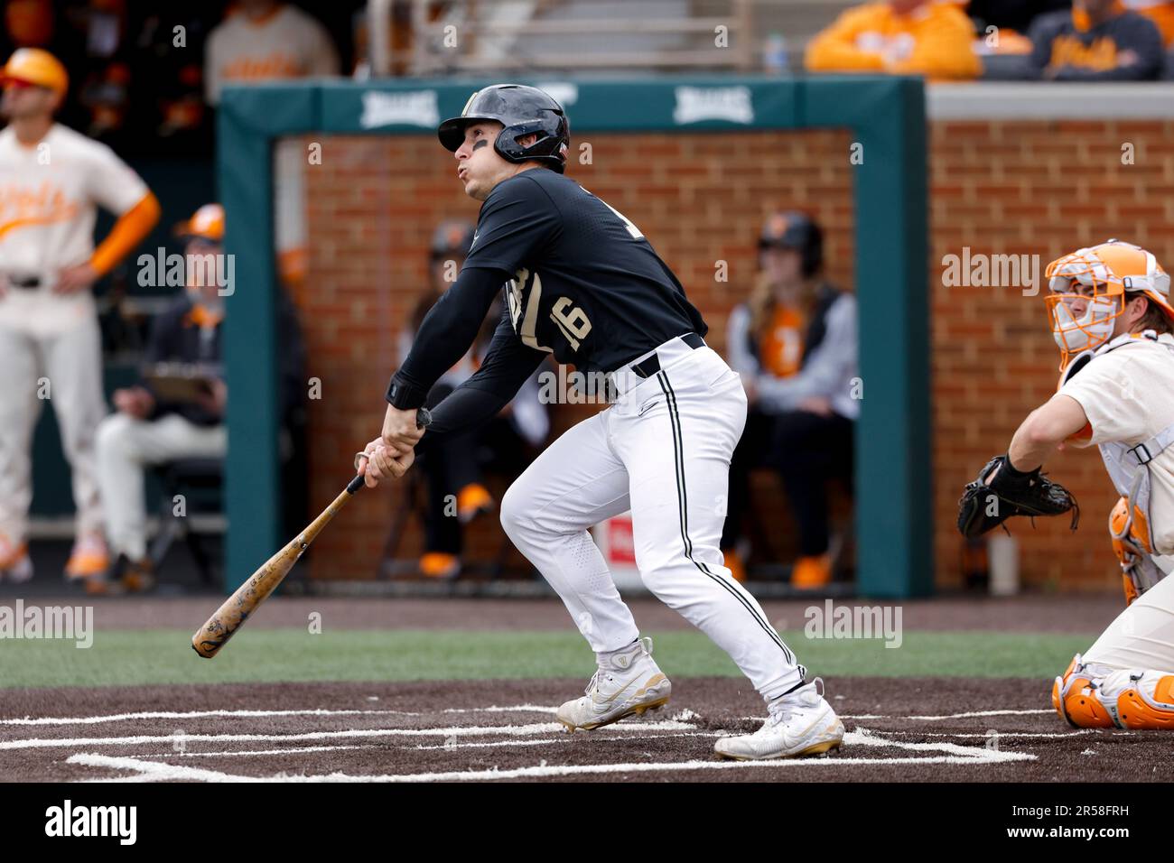Vanderbilt Commodores catcher Jack Bulger (16) hits a home run against ...