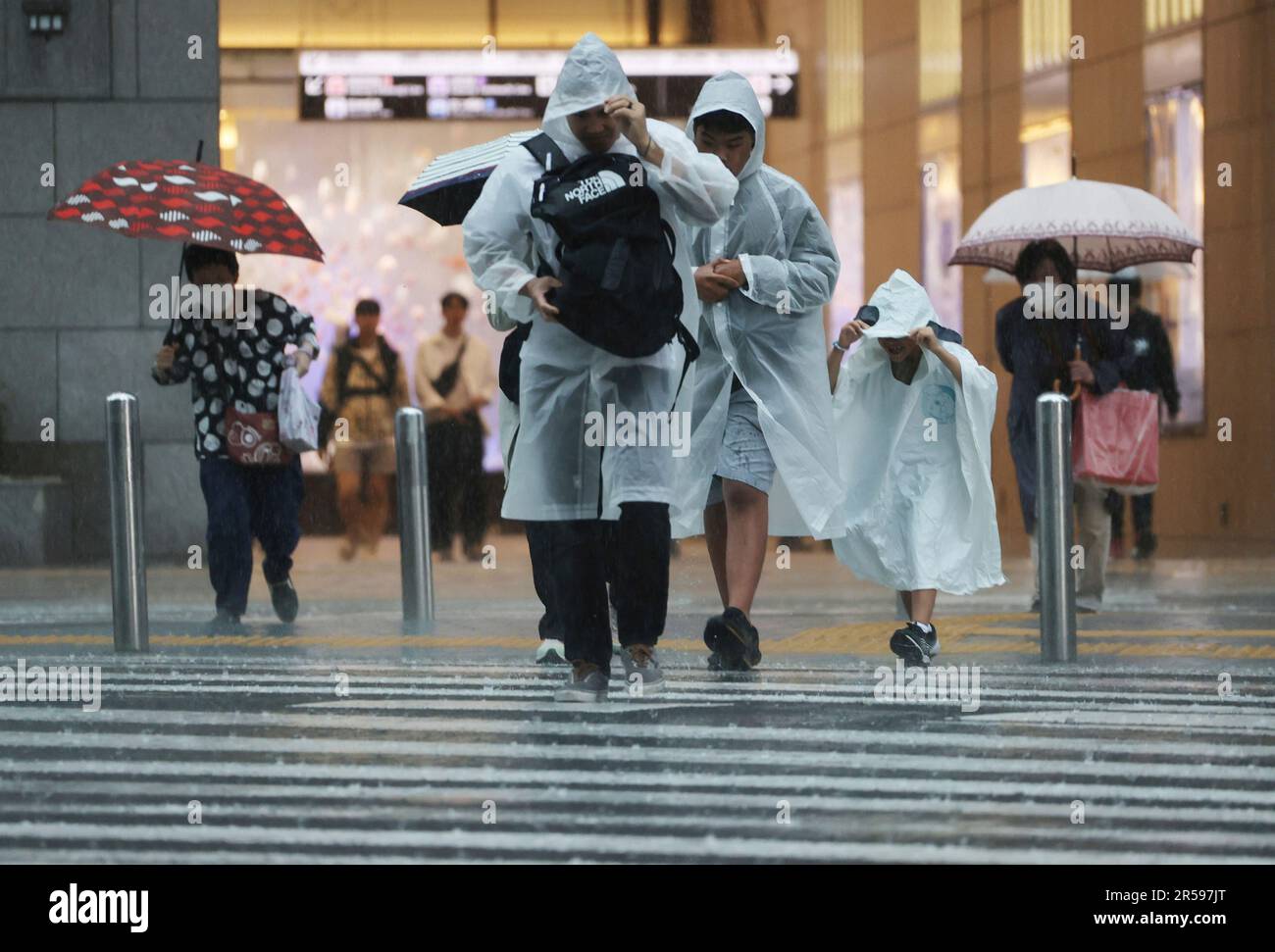 People having umbrellas walk while raining in Osaka City, Osaka ...