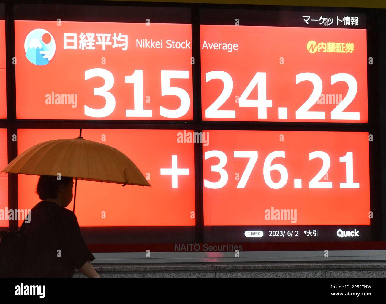 An electric board shows Japan's Nikkei share average soaring, the ...