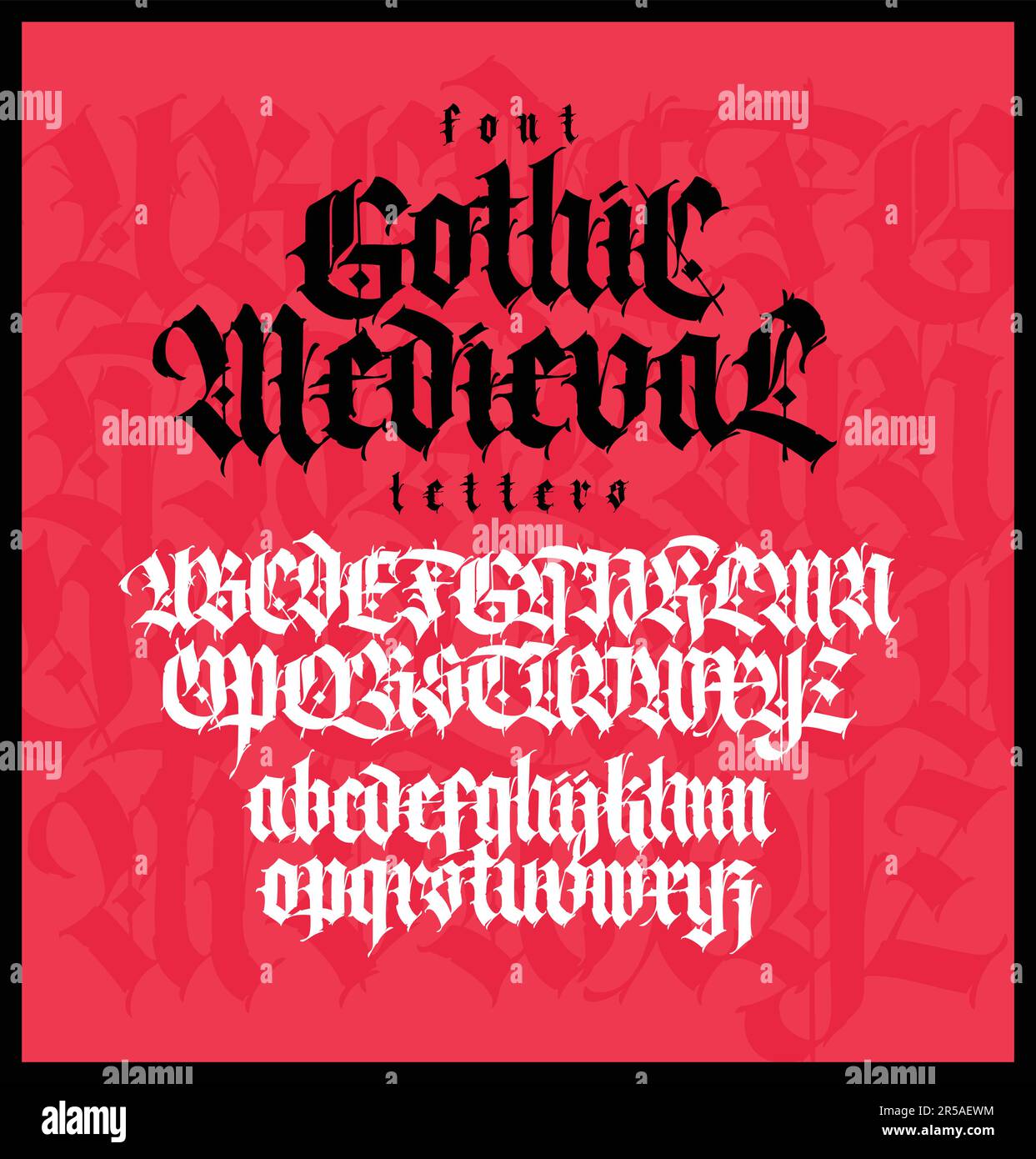 Gothic, englisches Alphabet. Vektor. Mittelalterliche lateinische Buchstaben und Zahlen. Zeichen ...