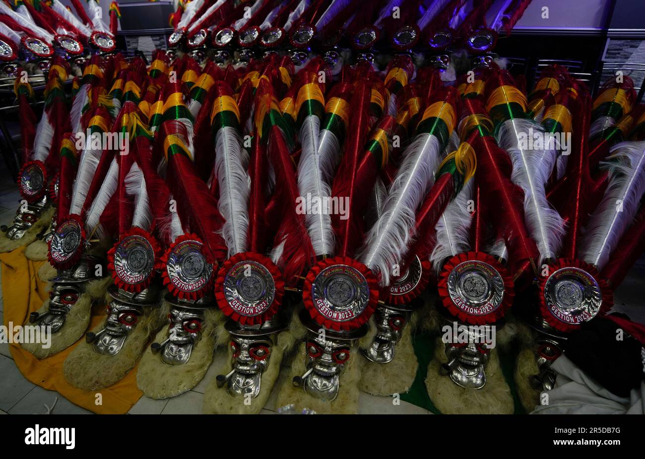 Masks for the dance of La Morenada, sit ready to be used in the traditional "Fiesta del Senor ...