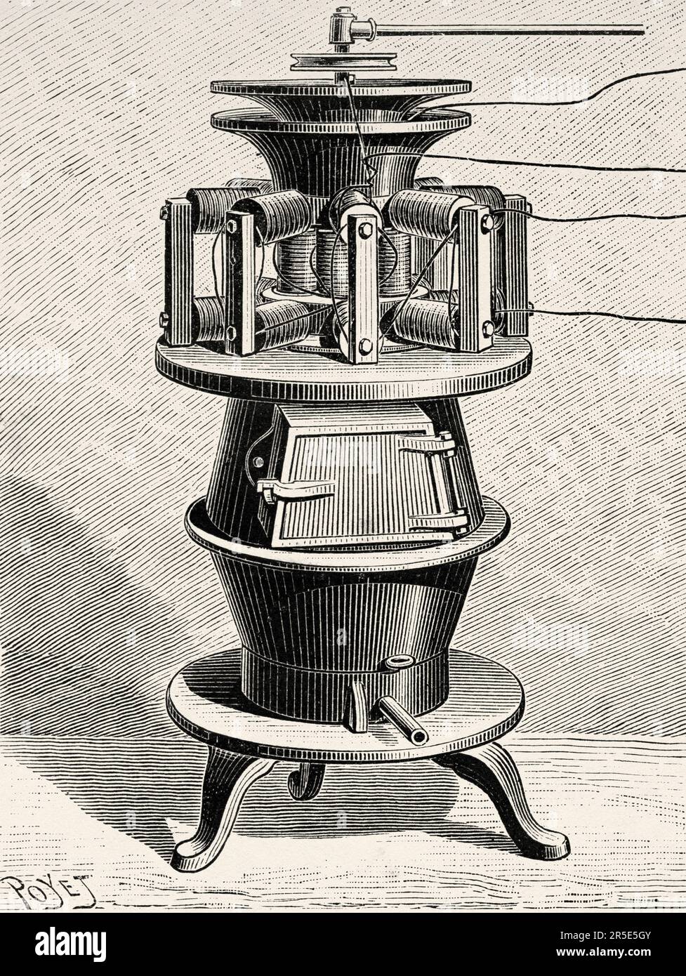Der pyromagnetische Edison-Generator. Alte Gravur aus dem 19 ...