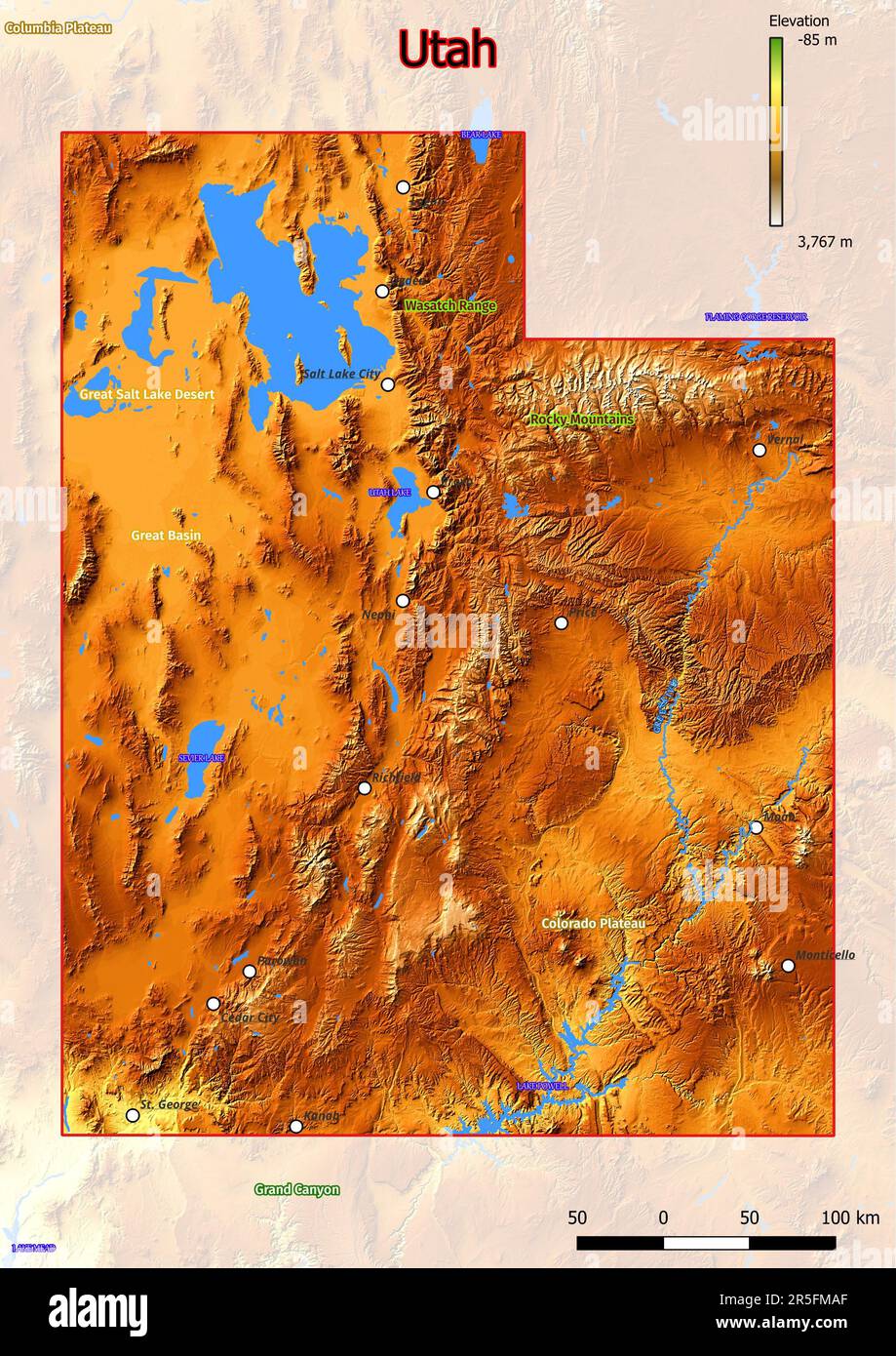 Die physische Karte von Utah zeigt Landschaftsmerkmale wie Berge, Hügel ...