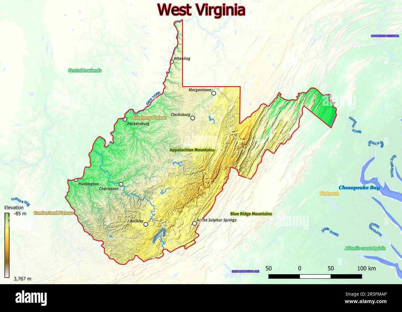 Physische Karte von West Virginia mit Bergen, Ebenen, Brücken, Flüssen ...