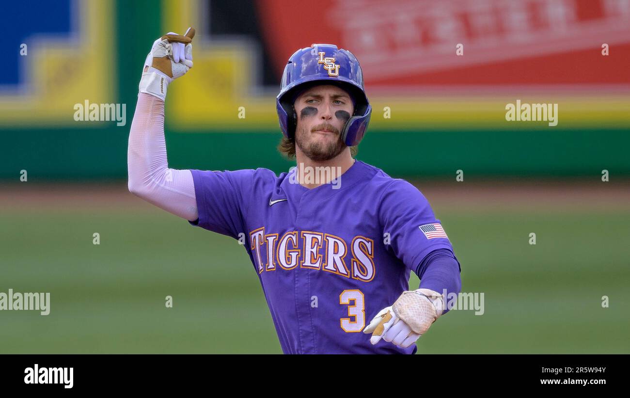 LSU outfielder Dylan Crews (3) celebrates a double during an NCAA ...