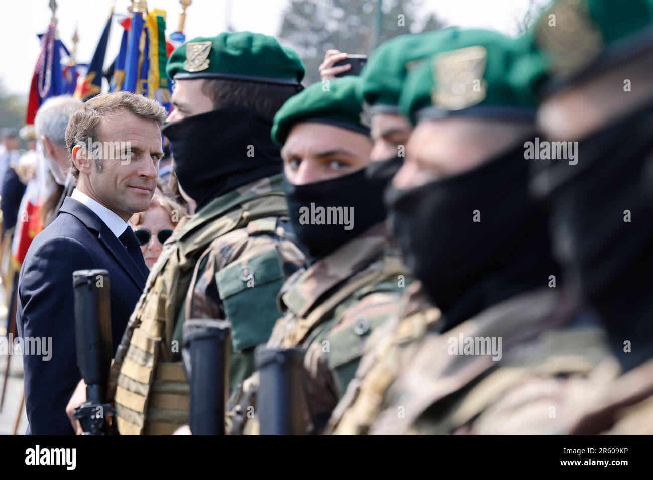 French President Emmanuel Macron, left, meets new Commando Marines Navy ...
