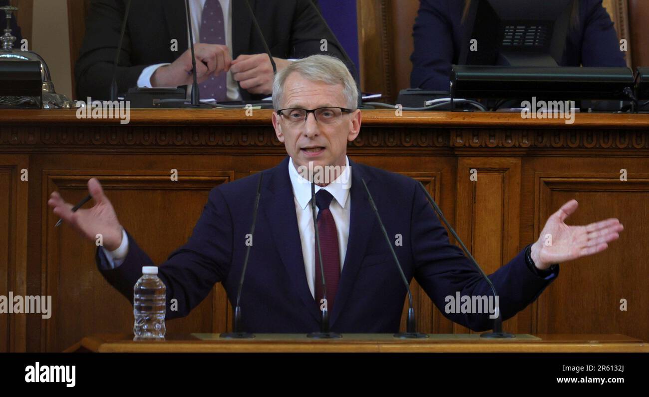Newly approved Bulgarian Prime Minister Nikolay Denkov, speaks at the ...