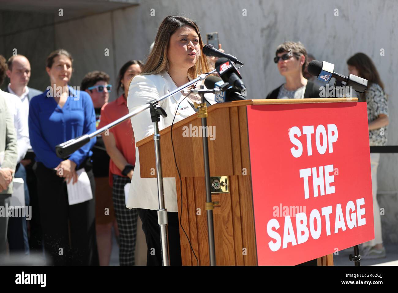 Democratic Rep. Hoa Nguyen speaks during a press conference and rally ...