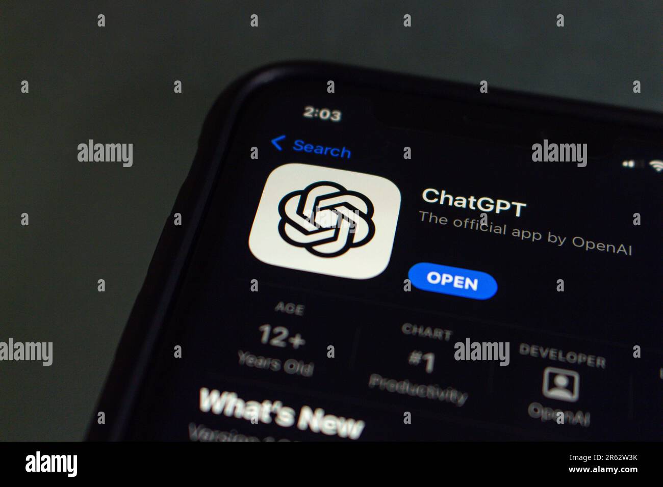 Die offizielle ChatGPT-App, die in einem App Store auf einem iPhone angezeigt wird. Im Mai 2023 ...