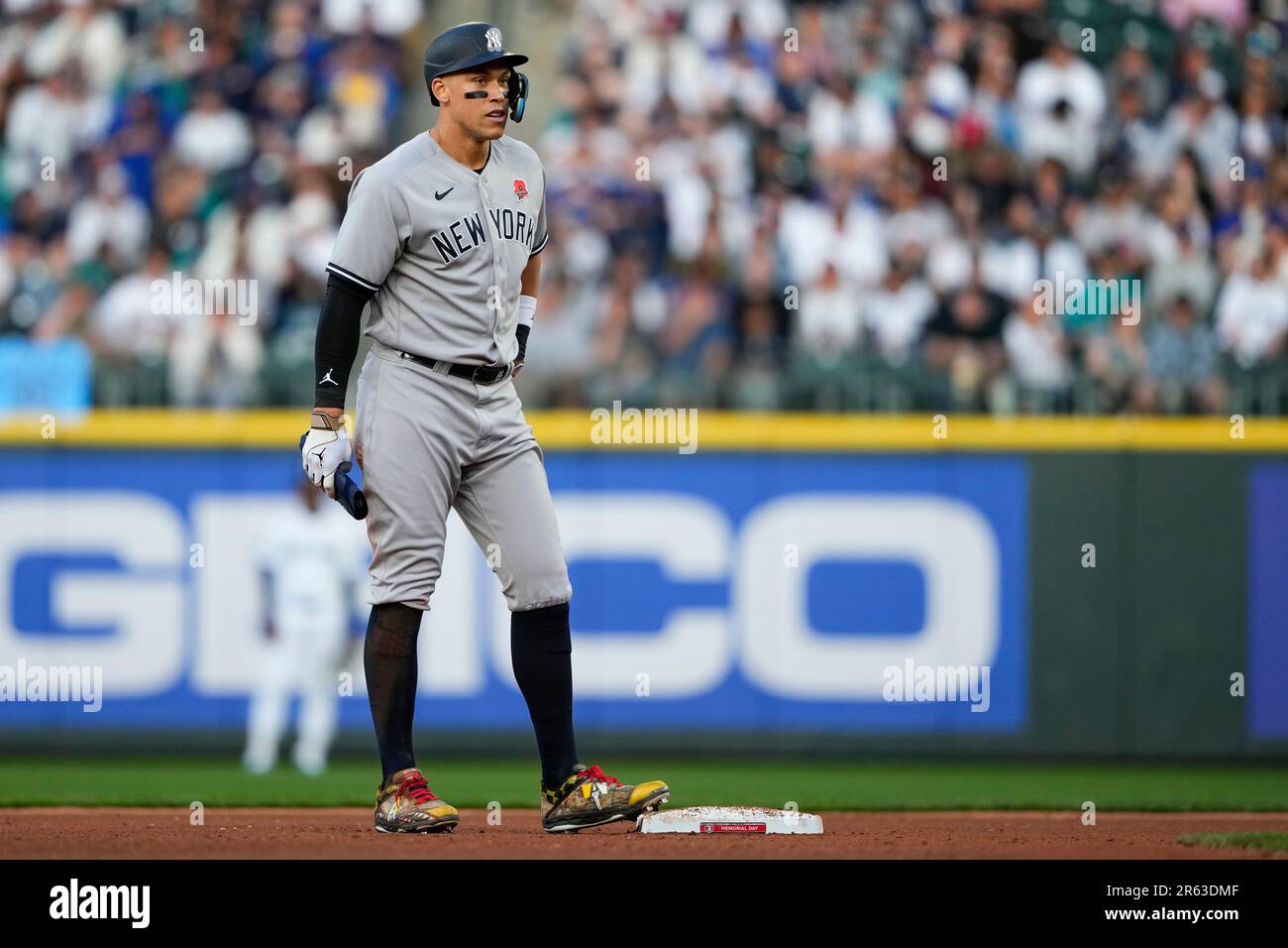 New York Yankees' Aaron Judge stands on second base after hitting a ...