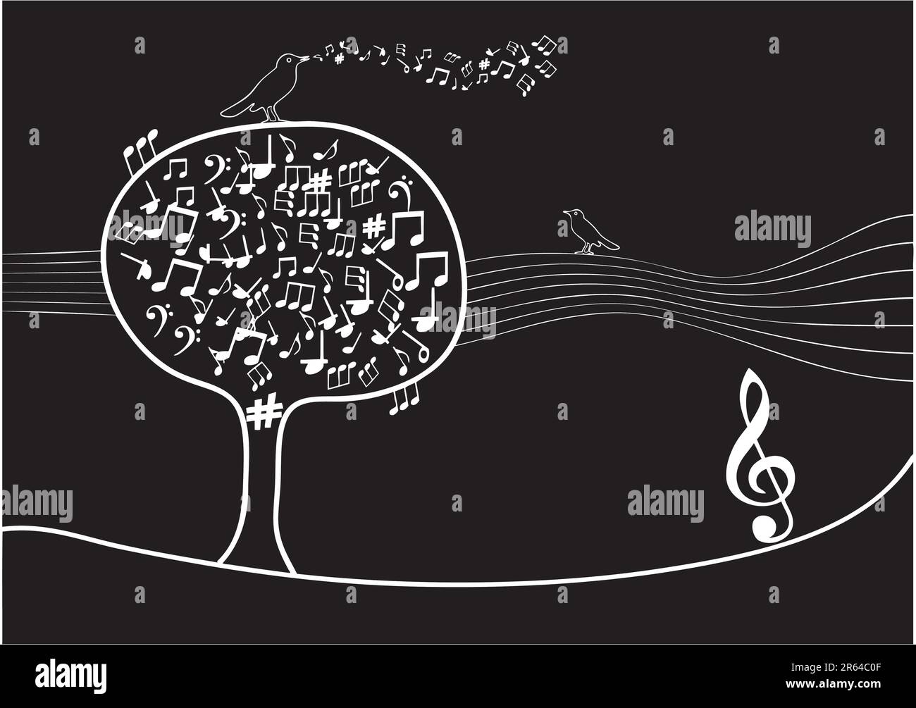 Musikalischer Baum mit Noten innen und Vogelweiß auf schwarzer ...