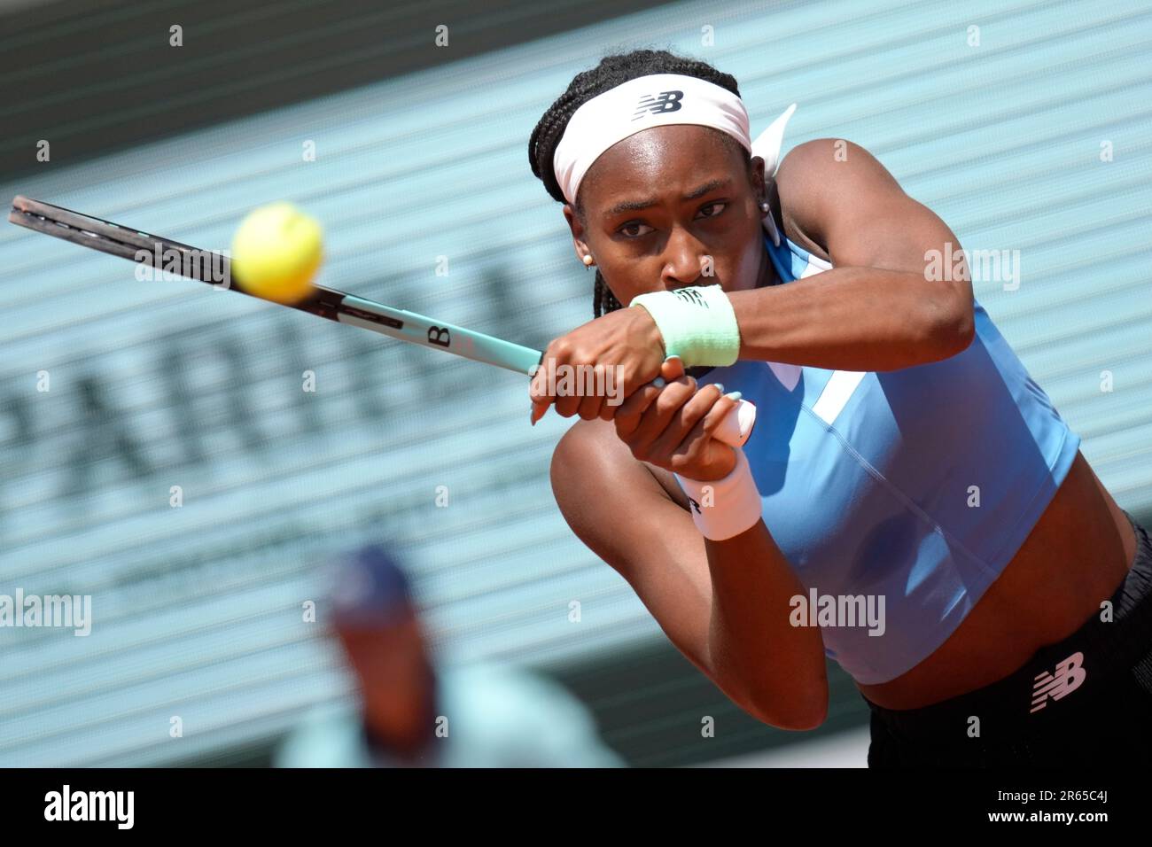 Coco Gauff of the U.S. plays a shot against Poland's Iga Swiatek during their quarterfinal match ...