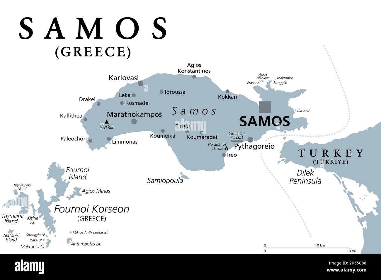 Samos, griechische Insel, graue politische Karte. Insel in der ...