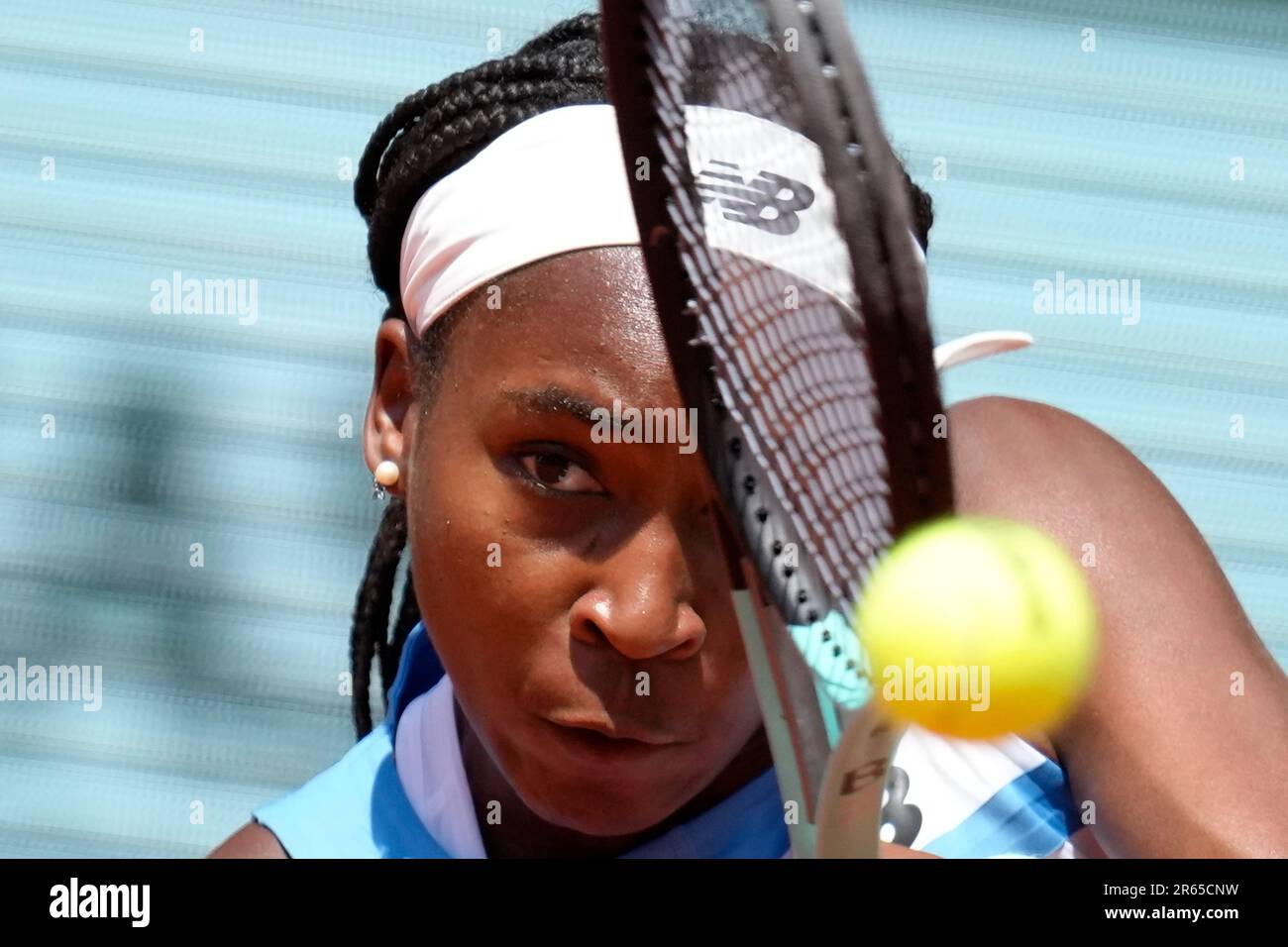 Coco Gauff of the U.S. plays a shot against Poland's Iga Swiatek during their quarterfinal match ...