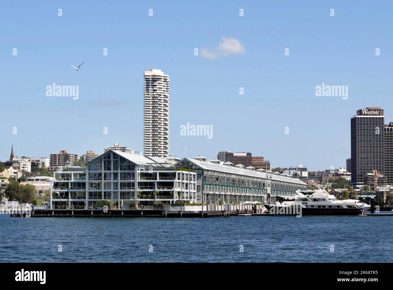 Die „Finger Wharf“ an der Woolloomooloo Bay (Vorderseite) und das hoch ...