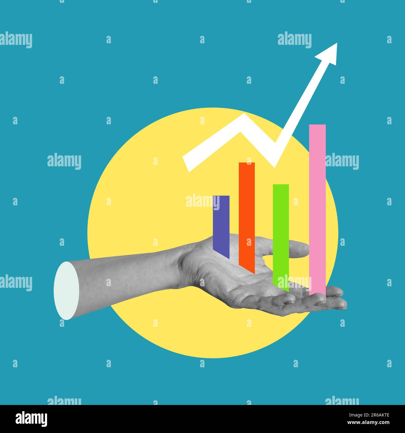 Kunstcollage mit Hand und Grafik. Konzept von Wirtschaft, Finanzen ...