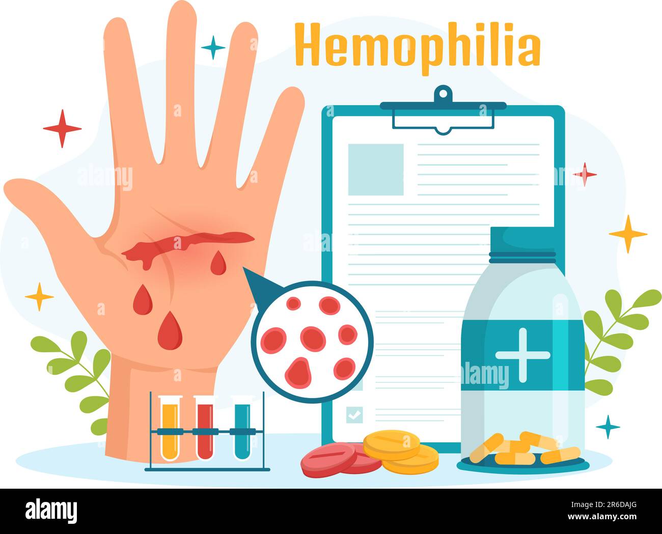 Hämophilie-Vektor-Illustration mit Arzt-Untersuchung verletzter Knie ...