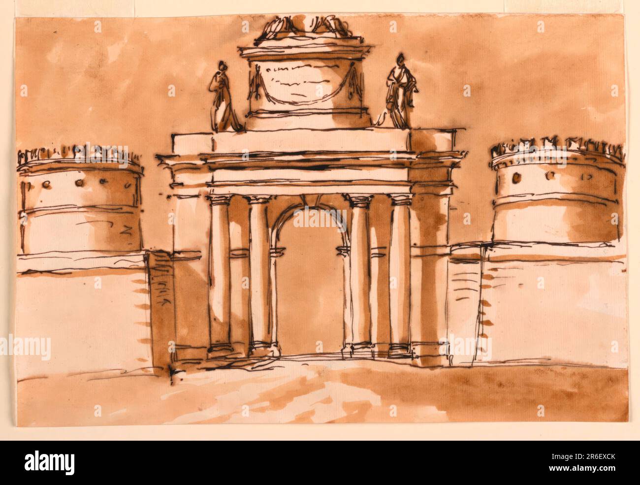 Gewölbte Tür, flankiert von Paaren von Dorischen Säulen, die einen ...