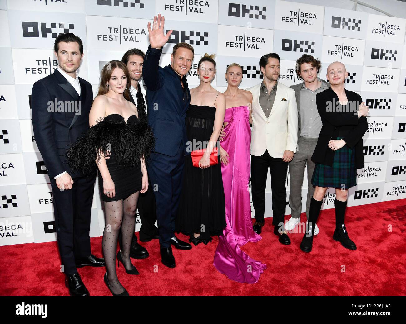 Actors David Berry, left, Izzy Meikle-Small, Joey Phillips, Sam Heughan ...