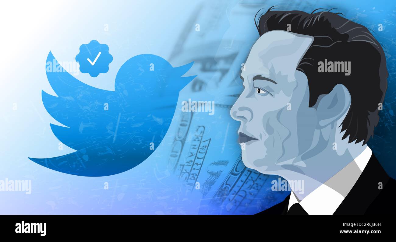 Silhouette von Elon Musk mit dem Twitter-Logo vor einem Banner mit ...
