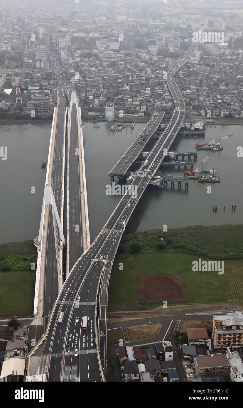 An aerial photo shows replaced Diashi-kyo Bridge on Shuto Expressway No ...