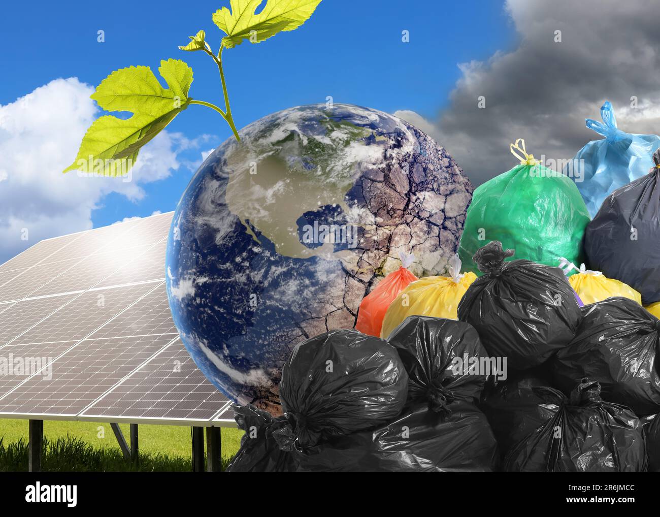 Umweltverschmutzung. Collage aufgeteilt in saubere und kontaminierte ...