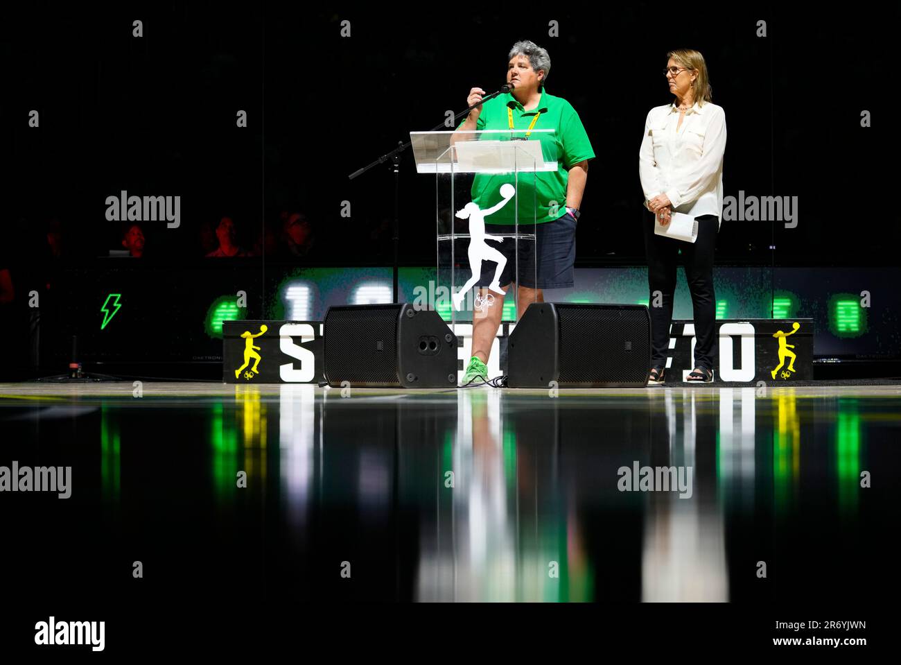 Seattle Storm co-owner Lisa Brummel begins her remarks as co-owner ...