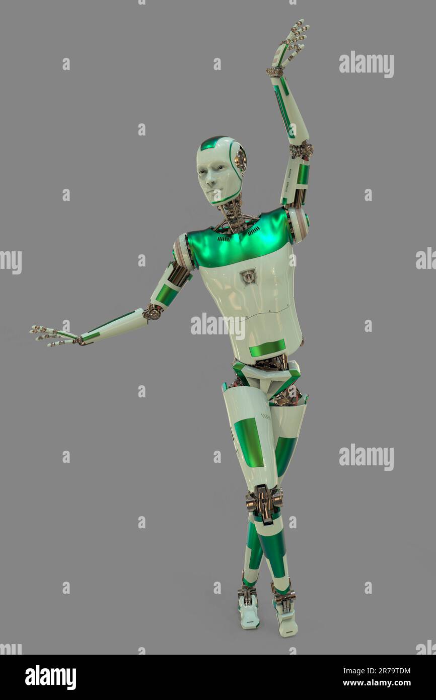 Roboter-Balletttänzerin, 3D-Abbildung. Tanzender humanoider Roboter ...