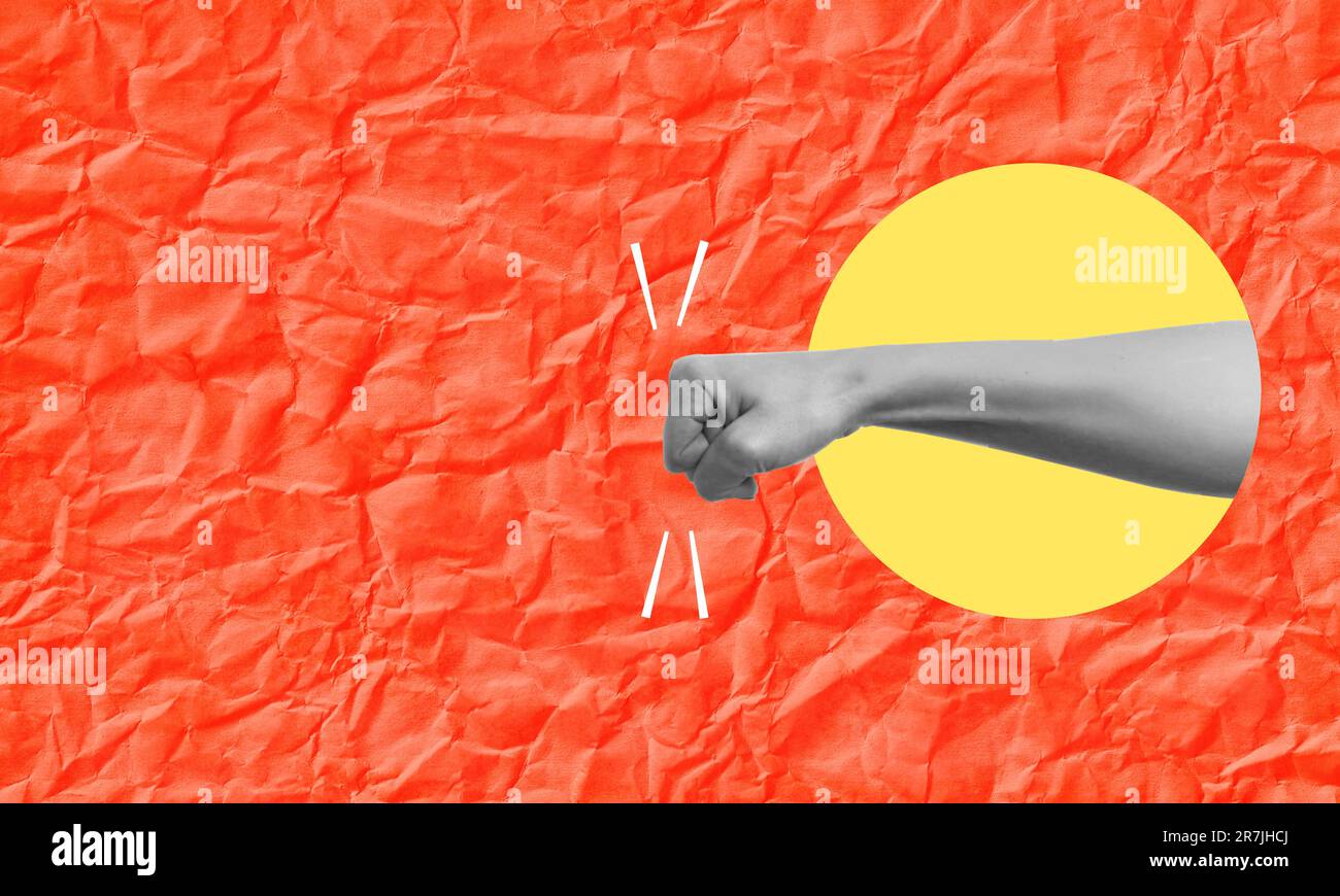 Kunstcollage. Die Faust ist eine Metapher für Aggression und ...