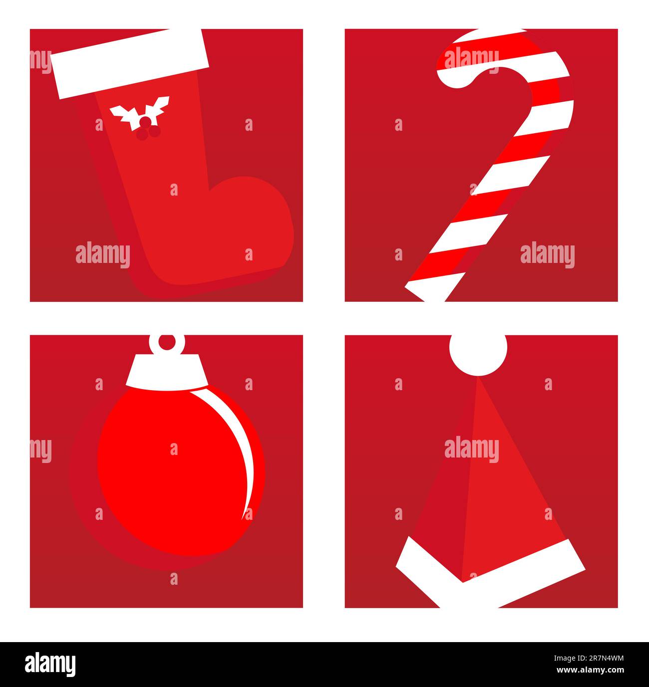 Weihnachts-Icons im roten Hintergrund: Santa Claus Boot, Schokoriegel ...