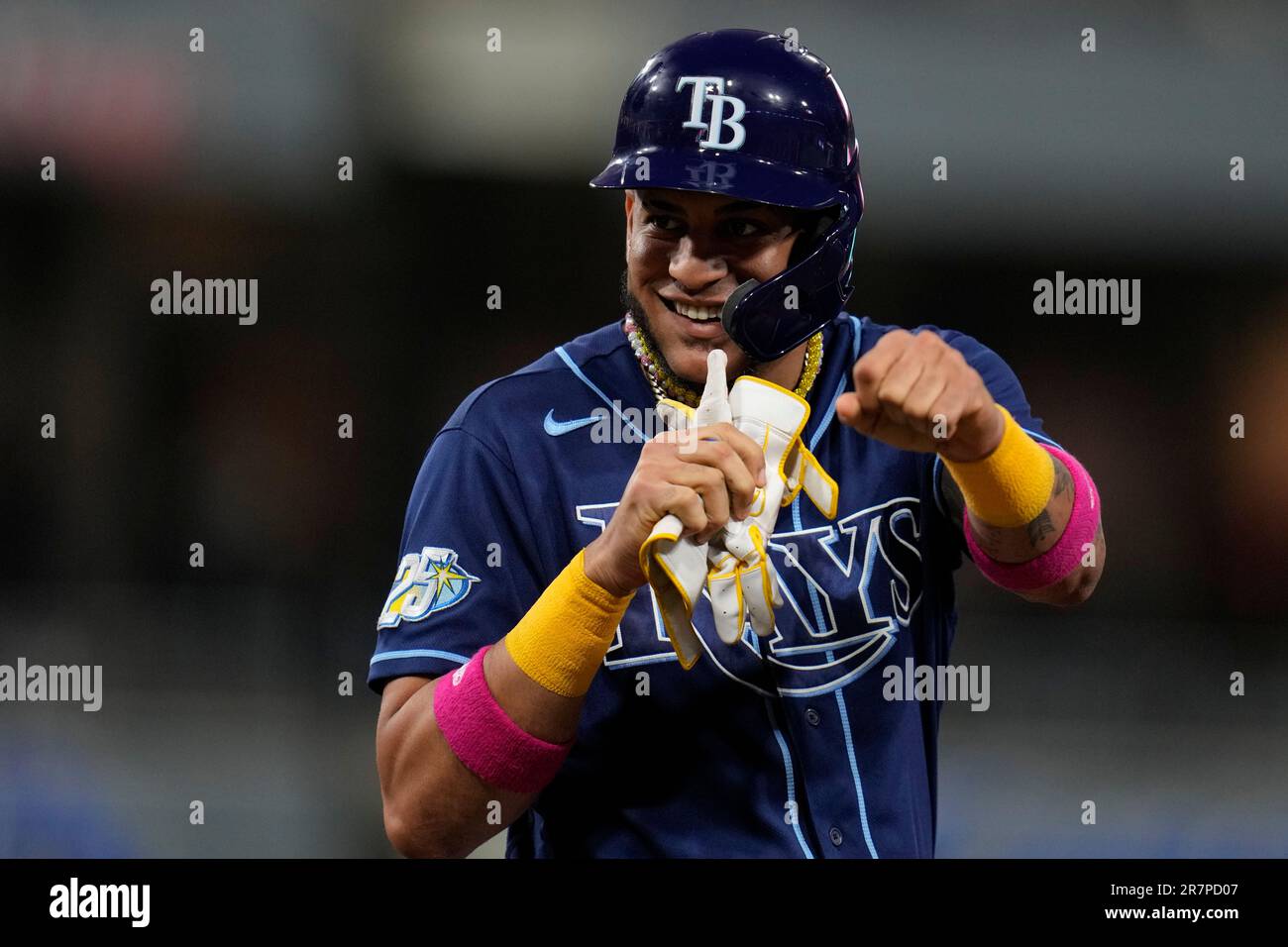 Tampa Bay Rays' Jose Siri jokes with players in the San Diego Padres ...