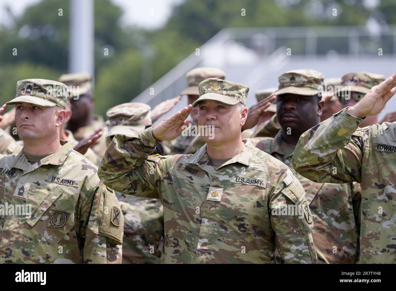 Maj. Michael Haley stands at attention during a deployment ceremony for ...