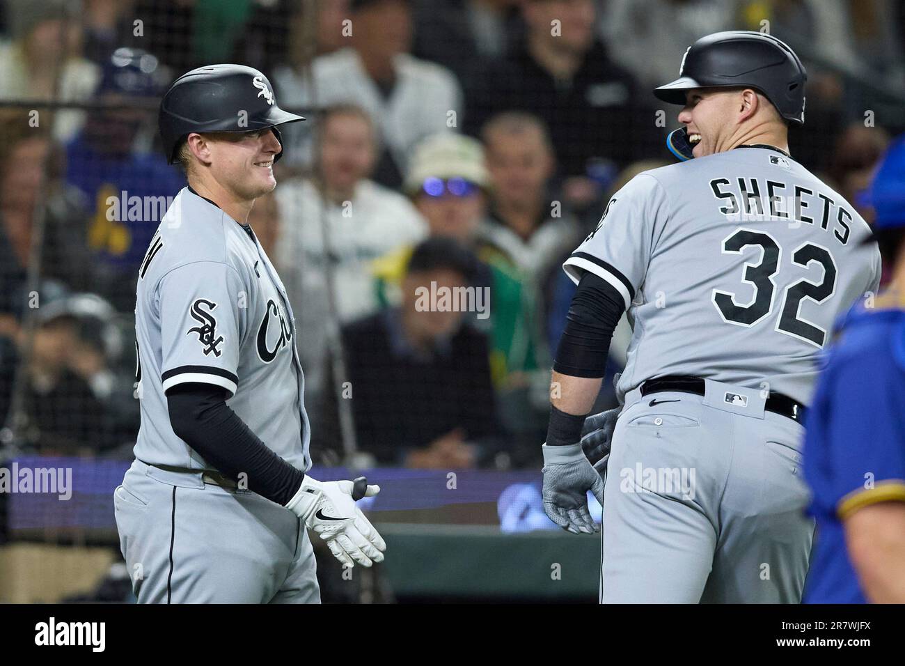 Chicago White Sox' Gavin Sheets (32) celebrates his solo home run with ...