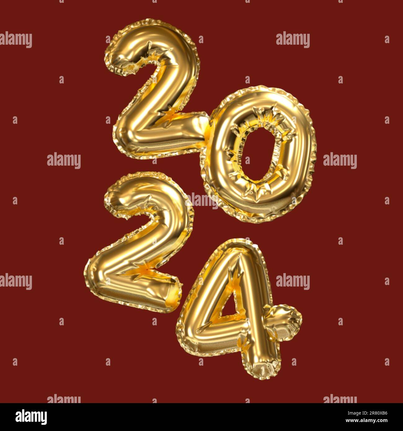 Neujahr 2024. 3D Abbildung der Zahlen 2024. Roter Hintergrund, goldene ...