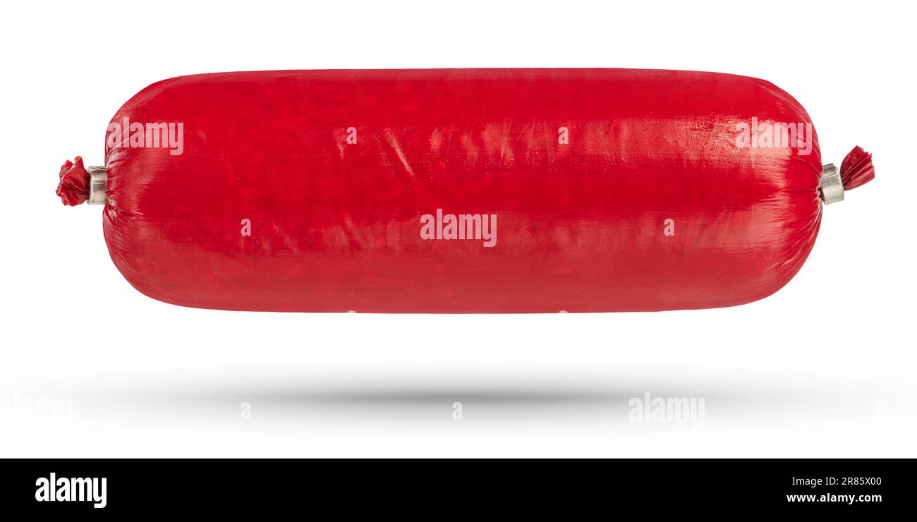 Gepackte Salami-Wurst aus der Nähe auf einem weißen, isolierten ...